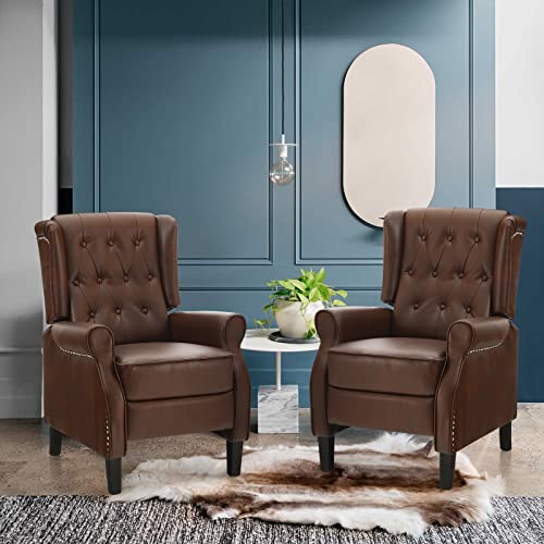 LEISLAND Accent Chair Set of 2 Recliner Wingback Chair, Leather Tufted Arm Chair Sofa for Reading, Living Room and Bedroom(Chestnut)