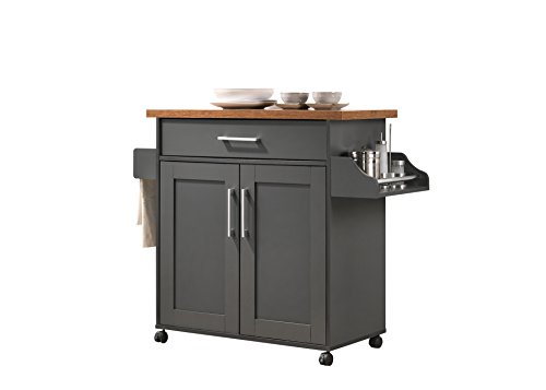 Hodedah Kitchen Island with Spice Rack, Towel Rack & Drawer, Grey with Oak Top