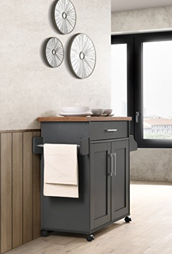 Hodedah Kitchen Island with Spice Rack, Towel Rack & Drawer, Grey with Oak Top