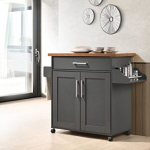 Hodedah Kitchen Island with Spice Rack, Towel Rack & Drawer, Grey with Oak Top