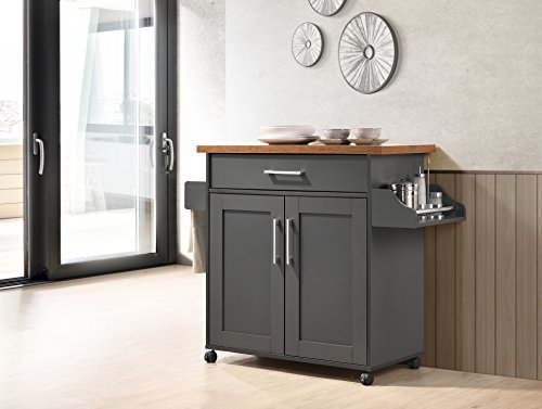 Hodedah Kitchen Island with Spice Rack, Towel Rack & Drawer, Grey with Oak Top