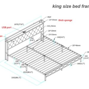 CBBPET King Bed Frame and Headboard, Bed Frame with Charging Station, King Platform Bed Frame No Box Spring Needed - Easy to Assemble