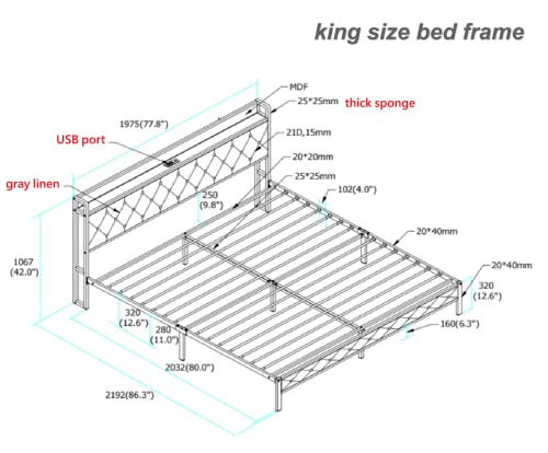 CBBPET King Bed Frame and Headboard, Bed Frame with Charging Station, King Platform Bed Frame No Box Spring Needed - Easy to Assemble