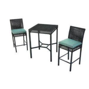 hampton bay fenton 3-piece outdoor patio high bar/bistro set with decorative peacock and java cushion