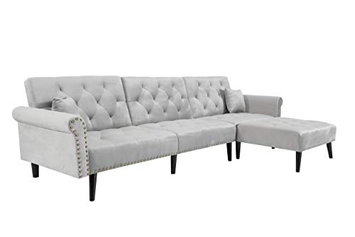 Zushule Convertible Sectional Couch with Chaise Lounge for Living Room, Comfy Velvet Fabric L-Shaped Reversible Reclining Sofa with 3 Seats and Pillows, for Small Apartment and Spaces - (Light Grey)