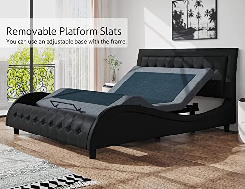 SHA CERLIN Queen Size Box-Tufted Platform Bed Frame/Faux Leather Upholstered Bed Frame with Adjustable Headboard/Wood Slat Support/Wave-Like Modern Bed/Low Profile/Black