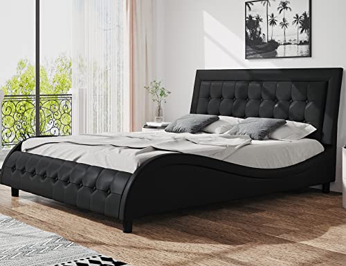 SHA CERLIN Queen Size Box-Tufted Platform Bed Frame/Faux Leather Upholstered Bed Frame with Adjustable Headboard/Wood Slat Support/Wave-Like Modern Bed/Low Profile/Black