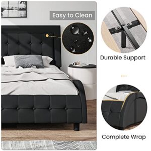 SHA CERLIN Queen Size Box-Tufted Platform Bed Frame/Faux Leather Upholstered Bed Frame with Adjustable Headboard/Wood Slat Support/Wave-Like Modern Bed/Low Profile/Black