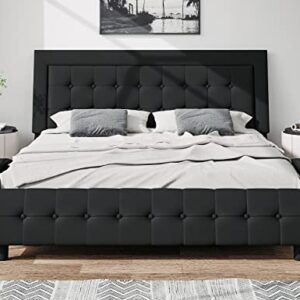 SHA CERLIN Queen Size Box-Tufted Platform Bed Frame/Faux Leather Upholstered Bed Frame with Adjustable Headboard/Wood Slat Support/Wave-Like Modern Bed/Low Profile/Black