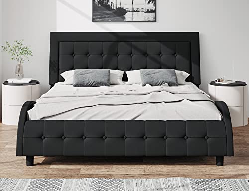 SHA CERLIN Queen Size Box-Tufted Platform Bed Frame/Faux Leather Upholstered Bed Frame with Adjustable Headboard/Wood Slat Support/Wave-Like Modern Bed/Low Profile/Black