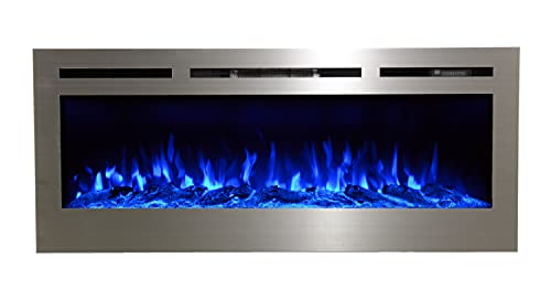 The Sideline Deluxe™ by Touchstone - Stainless Steel Electric Fireplace - 50 Inch Wide - in Wall Recessed - 5 Flame Settings - Multiple Color Flame - 1500W Heater - Log & Crystal Hearth Options- 86273