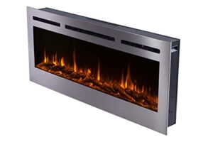 the sideline deluxe™ by touchstone – stainless steel electric fireplace – 50 inch wide – in wall recessed – 5 flame settings – multiple color flame – 1500w heater – log & crystal hearth options- 86273