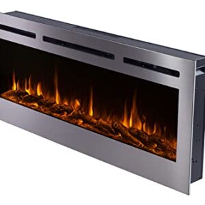 The Sideline Deluxe™ by Touchstone - Stainless Steel Electric Fireplace - 50 Inch Wide - in Wall Recessed - 5 Flame Settings - Multiple Color Flame - 1500W Heater - Log & Crystal Hearth Options- 86273