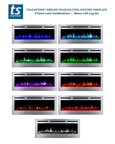 The Sideline Deluxe™ by Touchstone - Stainless Steel Electric Fireplace - 50 Inch Wide - in Wall Recessed - 5 Flame Settings - Multiple Color Flame - 1500W Heater - Log & Crystal Hearth Options- 86273