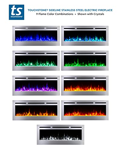 The Sideline Deluxe™ by Touchstone - Stainless Steel Electric Fireplace - 50 Inch Wide - in Wall Recessed - 5 Flame Settings - Multiple Color Flame - 1500W Heater - Log & Crystal Hearth Options- 86273