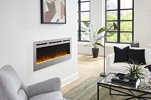 The Sideline Deluxe™ by Touchstone - Stainless Steel Electric Fireplace - 50 Inch Wide - in Wall Recessed - 5 Flame Settings - Multiple Color Flame - 1500W Heater - Log & Crystal Hearth Options- 86273