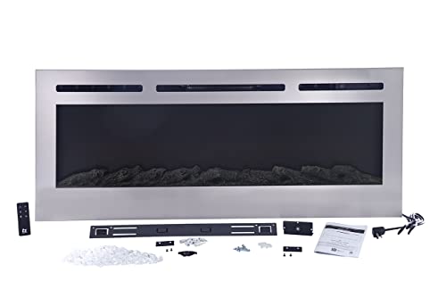 The Sideline Deluxe™ by Touchstone - Stainless Steel Electric Fireplace - 50 Inch Wide - in Wall Recessed - 5 Flame Settings - Multiple Color Flame - 1500W Heater - Log & Crystal Hearth Options- 86273