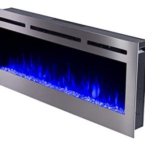 The Sideline Deluxe™ by Touchstone - Stainless Steel Electric Fireplace - 50 Inch Wide - in Wall Recessed - 5 Flame Settings - Multiple Color Flame - 1500W Heater - Log & Crystal Hearth Options- 86273