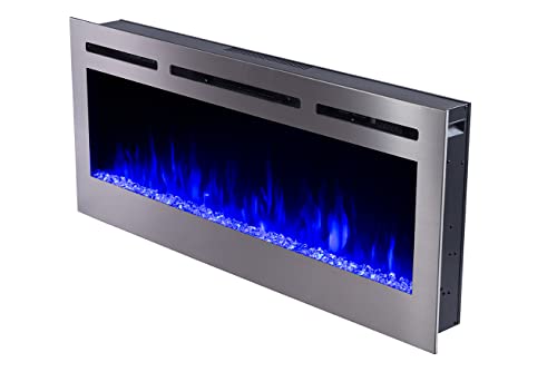 The Sideline Deluxe™ by Touchstone - Stainless Steel Electric Fireplace - 50 Inch Wide - in Wall Recessed - 5 Flame Settings - Multiple Color Flame - 1500W Heater - Log & Crystal Hearth Options- 86273