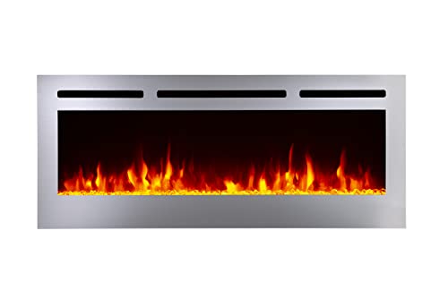 The Sideline Deluxe™ by Touchstone - Stainless Steel Electric Fireplace - 50 Inch Wide - in Wall Recessed - 5 Flame Settings - Multiple Color Flame - 1500W Heater - Log & Crystal Hearth Options- 86273