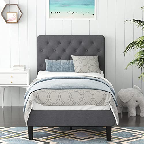 4 EVER WINNER Twin Bed Frames Upholstered Platform Bed Frame with Button Tufted Headboard, Twin Size Bed Frames for Kids, Sturdy Slat Support, No Box Spring Needed, Easy Assembly, Grey