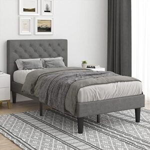 4 EVER WINNER Twin Bed Frames Upholstered Platform Bed Frame with Button Tufted Headboard, Twin Size Bed Frames for Kids, Sturdy Slat Support, No Box Spring Needed, Easy Assembly, Grey