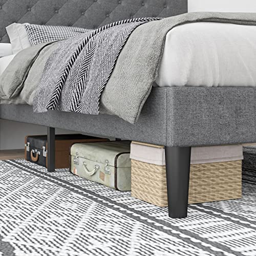 4 EVER WINNER Twin Bed Frames Upholstered Platform Bed Frame with Button Tufted Headboard, Twin Size Bed Frames for Kids, Sturdy Slat Support, No Box Spring Needed, Easy Assembly, Grey