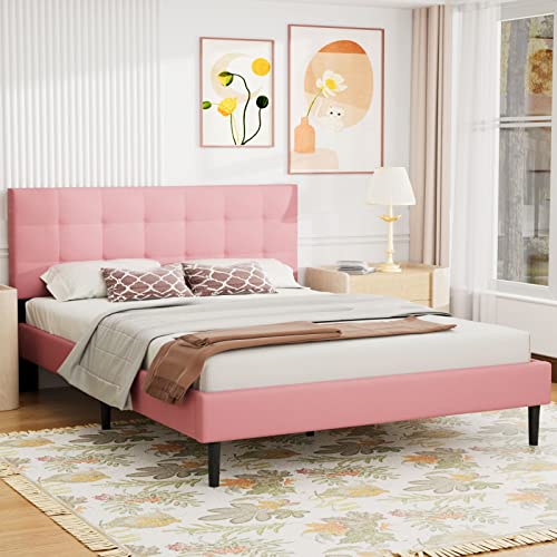 Lijimei Queen Size Bed Frame with Upholstered Platform Headboard and Strong Wooden Slats,Non-Slip, Mattress Foundation, No Box Spring Needed, Easy Assembly, Noise Free, Pink