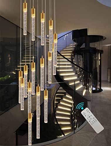 Flashing God H-11.5feet Staircase Crystal Chandeliers Modern 20-Lights Foyer Entrway Long Pendant Chandeliers High Ceiling Crystal Chandeliers with LED Dimmable 3000-6000K Lighting Fixture