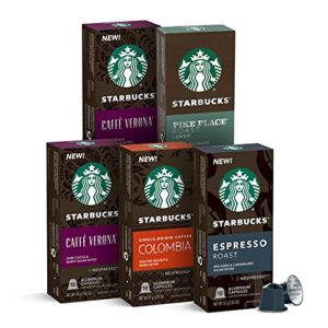 starbucks by nespresso, intense variety pack (50-count single serve capsules, 10 of each flavor, compatible with nespresso original line system)