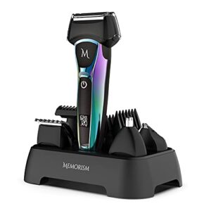 memorism multifunction men’s grooming kit – foil shaver 4-attachment body hair, nose, beard trimmer with adjustable guard heights – rechargeable with led display blizz gs5 (purple-green gradient)