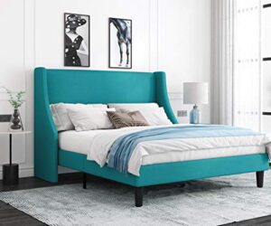 allewie queen bed frame, platform bed frame queen size with upholstered headboard, modern deluxe wingback, wood slat support, mattress foundation, peacock green