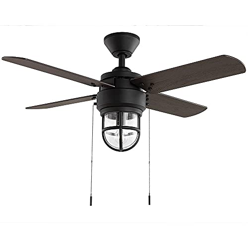 Hampton Bay Cedar Lake 44 in. Indoor/Outdoor LED Matte Black Damp Rated Downrod Ceiling Fan with Light Kit and 4 Reversible Blades (52109)