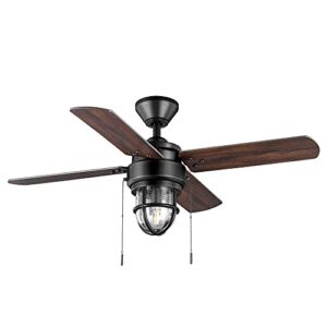 Hampton Bay Cedar Lake 44 in. Indoor/Outdoor LED Matte Black Damp Rated Downrod Ceiling Fan with Light Kit and 4 Reversible Blades (52109)