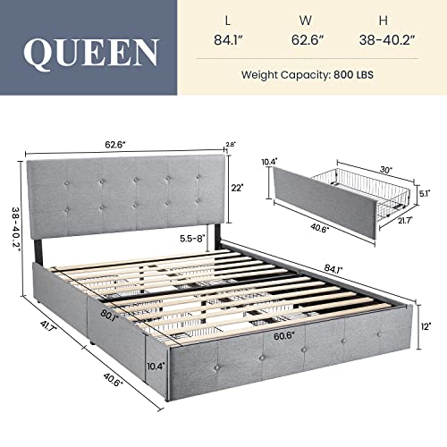 Allewie Upholstered Queen Size Platform Bed Frame with 4 Storage Drawers and Headboard, Square Stitched Button Tufted Mattress Foundation with Wooden Slats Support, No Box Spring Needed, Light Grey