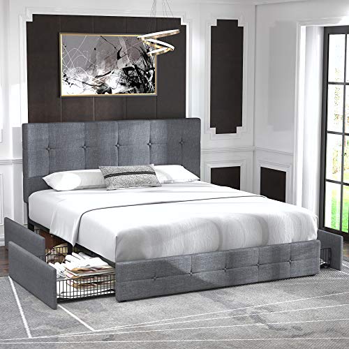 Allewie Upholstered Queen Size Platform Bed Frame with 4 Storage Drawers and Headboard, Square Stitched Button Tufted Mattress Foundation with Wooden Slats Support, No Box Spring Needed, Light Grey