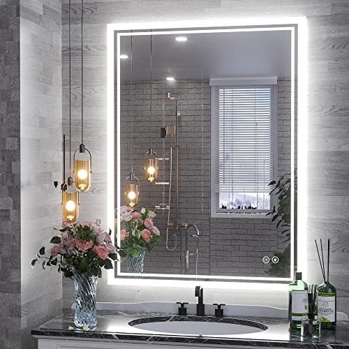 TokeShimi 32 X 24 Inch LED Bathroom Mirror with Front and Back Light 3 Color Dimmable Anti Fog Function Touch Switch Wall Mounted Bathroom Mirror with Adjustable White/Warm/Natural Lights Waterproof