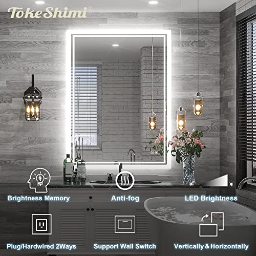 TokeShimi 32 X 24 Inch LED Bathroom Mirror with Front and Back Light 3 Color Dimmable Anti Fog Function Touch Switch Wall Mounted Bathroom Mirror with Adjustable White/Warm/Natural Lights Waterproof