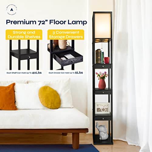 ATAMIN Aaron 72" Floor Lamps for Living Rooms, Premium Tall Floor Lamp with Shelves and Drawers, Sturdy Shelf Floor Lamp for Bedrooms, Standing Lamps with Shelves, Shelf Lamps with LED Bulb - Black