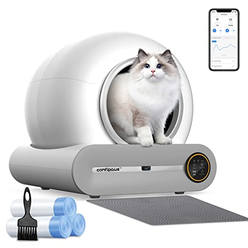 Comfipaws Self Cleaning Cat Litter Box Automatic Kitty Litter Box for Multiple Cats, Auto Clean Robot Cat Litter Box with APP Control & Ionic Deodorizer, Large Smart Cat Toilet with Mat, Liner, Brush