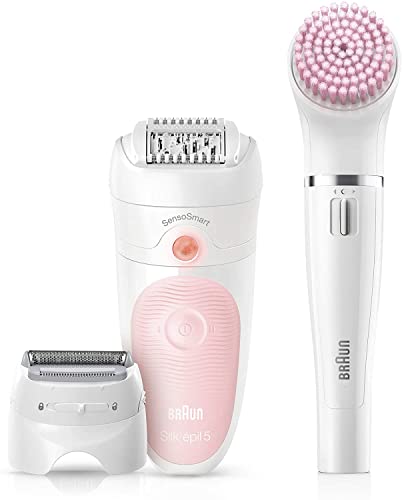 Braun Silk-épil Wet & Dry 5 5-895 Beauty Set, Women Epilator for Hair Removal, Attachments Made for Shaving, Peeling & Facial and Body Cleansing - White / Flamingo