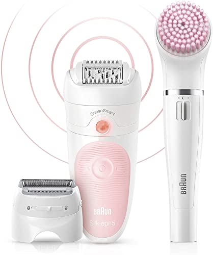 Braun Silk-épil Wet & Dry 5 5-895 Beauty Set, Women Epilator for Hair Removal, Attachments Made for Shaving, Peeling & Facial and Body Cleansing - White / Flamingo