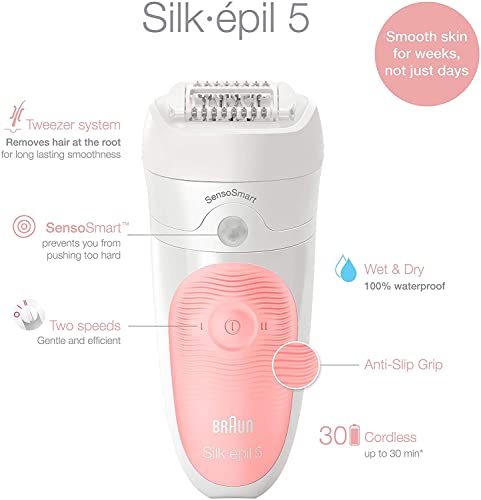 Braun Silk-épil Wet & Dry 5 5-895 Beauty Set, Women Epilator for Hair Removal, Attachments Made for Shaving, Peeling & Facial and Body Cleansing - White / Flamingo