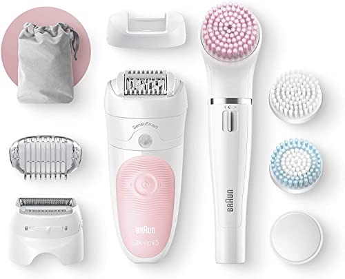 Braun Silk-épil Wet & Dry 5 5-895 Beauty Set, Women Epilator for Hair Removal, Attachments Made for Shaving, Peeling & Facial and Body Cleansing - White / Flamingo