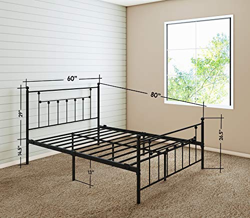 AMBEE21 Victorian Queen Metal Bed Frame with Headboard and Footboard Platform/Wrought Iron/Heavy Duty/Solid Sturdy Metal Slat/Black/No Box Spring Needed/Mattress Foundation/Under Bed Storage