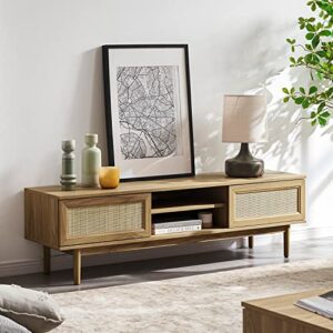 mopio haylee farmhouse rattan 59″ tv stand, 100% natural for 55/60 inch tv, modern farmhouse boho with rattan sliding doors, adjustable shelves, includes leveler (natural oak)