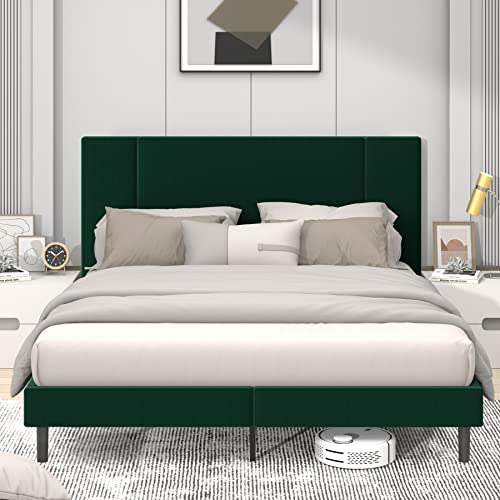 Flolinda King Size Bed Frame, Upholstered Bed Frame with Tall Tufted Velvet Headboard, Heavy Duty Metal Mattress Foundation with Wooden Slats, King Bed Frame No Box Spring Needed, Easy Assembly