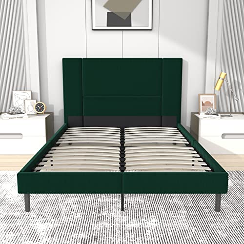 Flolinda King Size Bed Frame, Upholstered Bed Frame with Tall Tufted Velvet Headboard, Heavy Duty Metal Mattress Foundation with Wooden Slats, King Bed Frame No Box Spring Needed, Easy Assembly