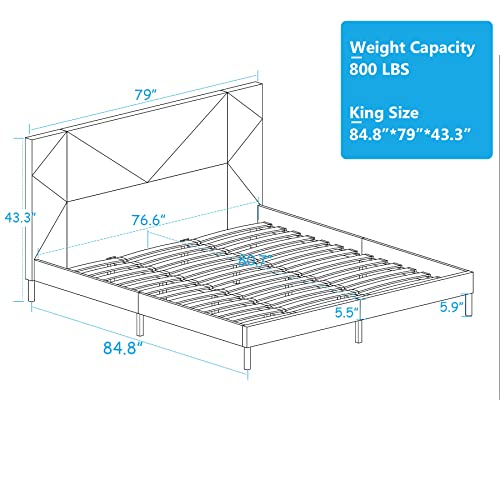 Flolinda King Size Bed Frame, Upholstered Bed Frame with Tall Tufted Velvet Headboard, Heavy Duty Metal Mattress Foundation with Wooden Slats, King Bed Frame No Box Spring Needed, Easy Assembly