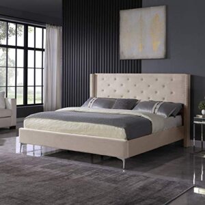 morden fort upholstered california king bed frame with headboard beige, tufted velvet fabric platform bed no box spring needed